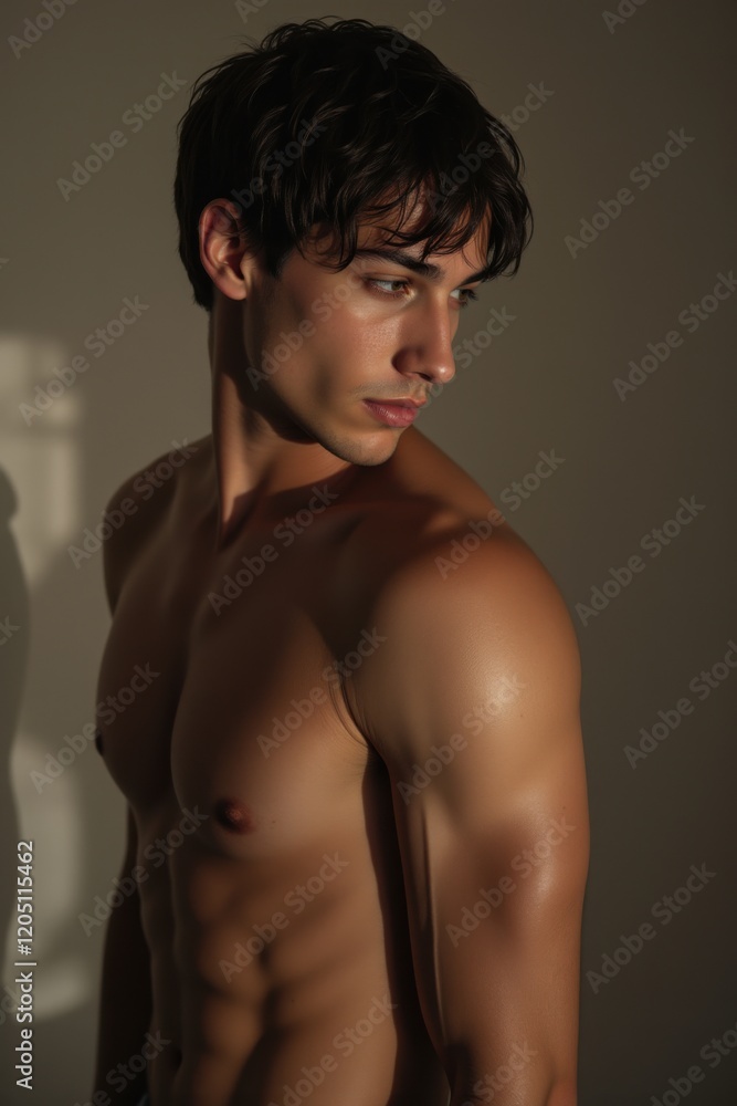 Shirtless male model with a lean, athletic build and chiseled features ...