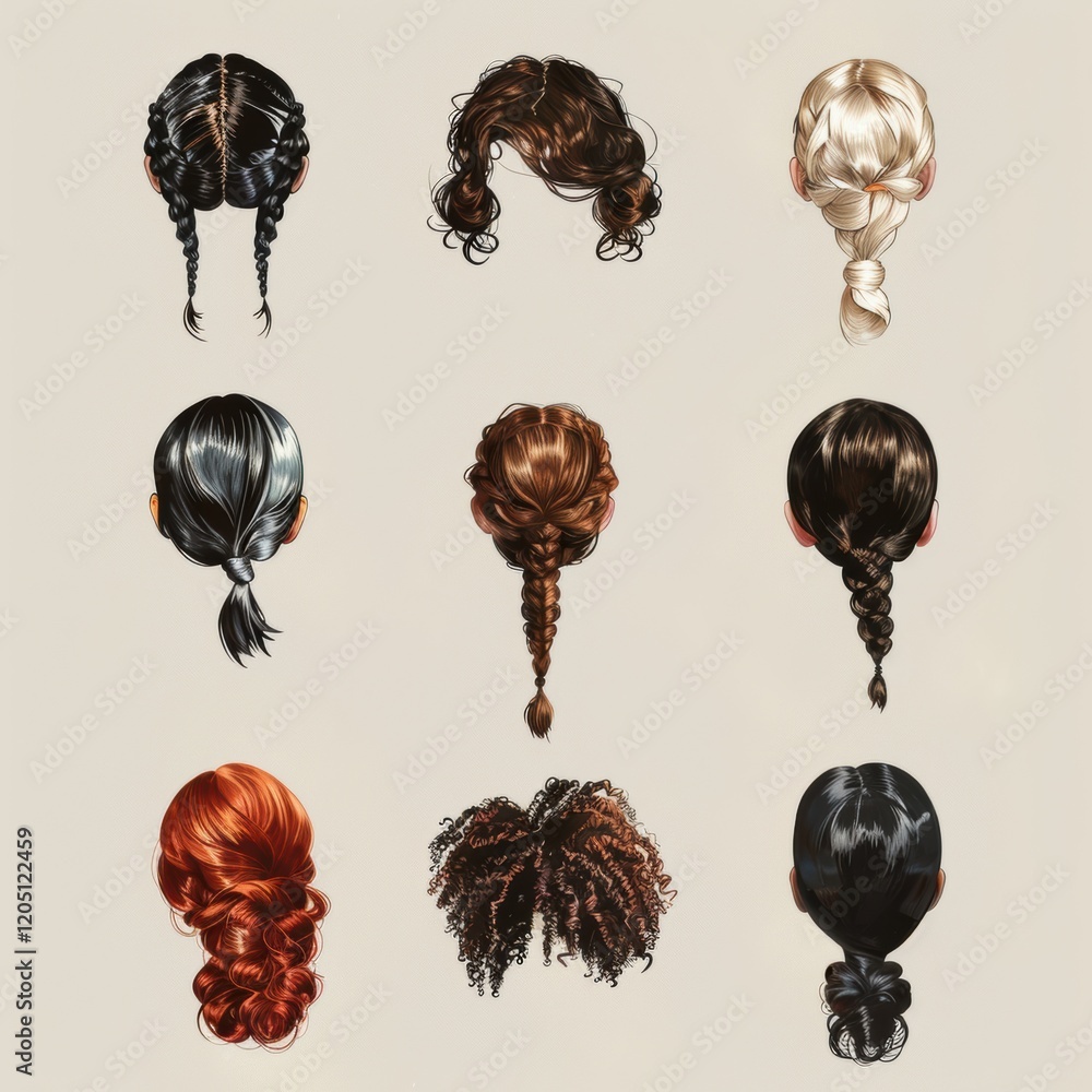 Series of different hairstyles are shown, including braids, pigtails ...