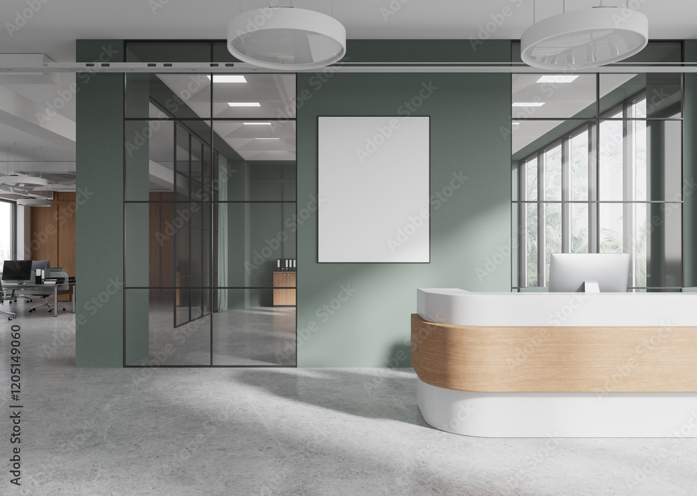 Modern empty office interior with green walls, white reception, blank ...