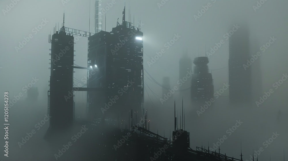 A dark and mysterious city shrouded in fog. The towering buildings are ...