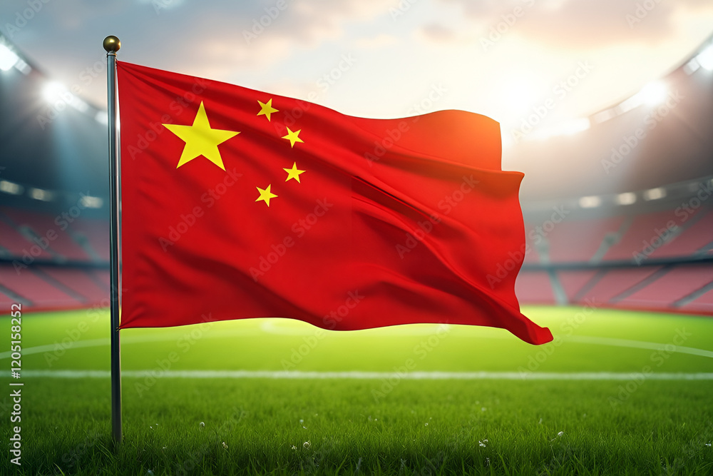 China Flag waving on top of stadium grass background Chinese flag ...