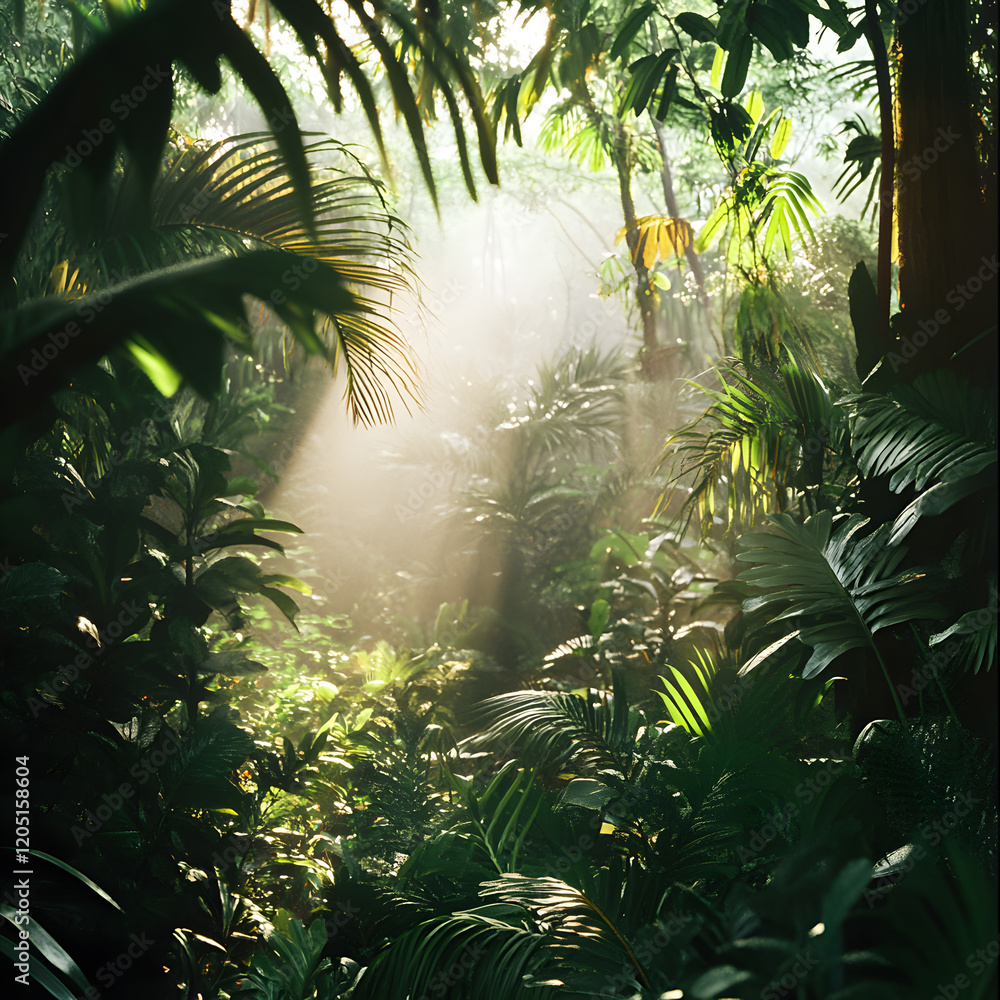 Jungle Dawn: Sunbeams pierce the dense canopy of a lush tropical jungle ...