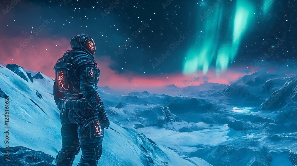 An alien with bioluminescent markings exploring an icy planet with auroras dancing in the sky ...