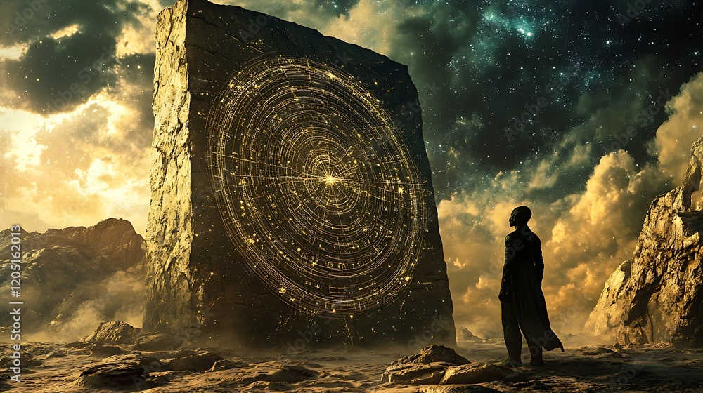 An alien looking at an ancient map of the stars etched into a stone ...