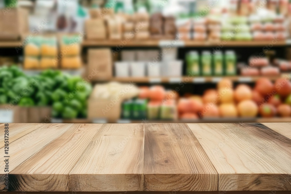 Empty wooden tabletop with blurred supermarket fruit and vegetable ...