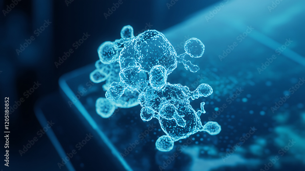 3D molecular structure in blue light, representing bioinformatics and ...