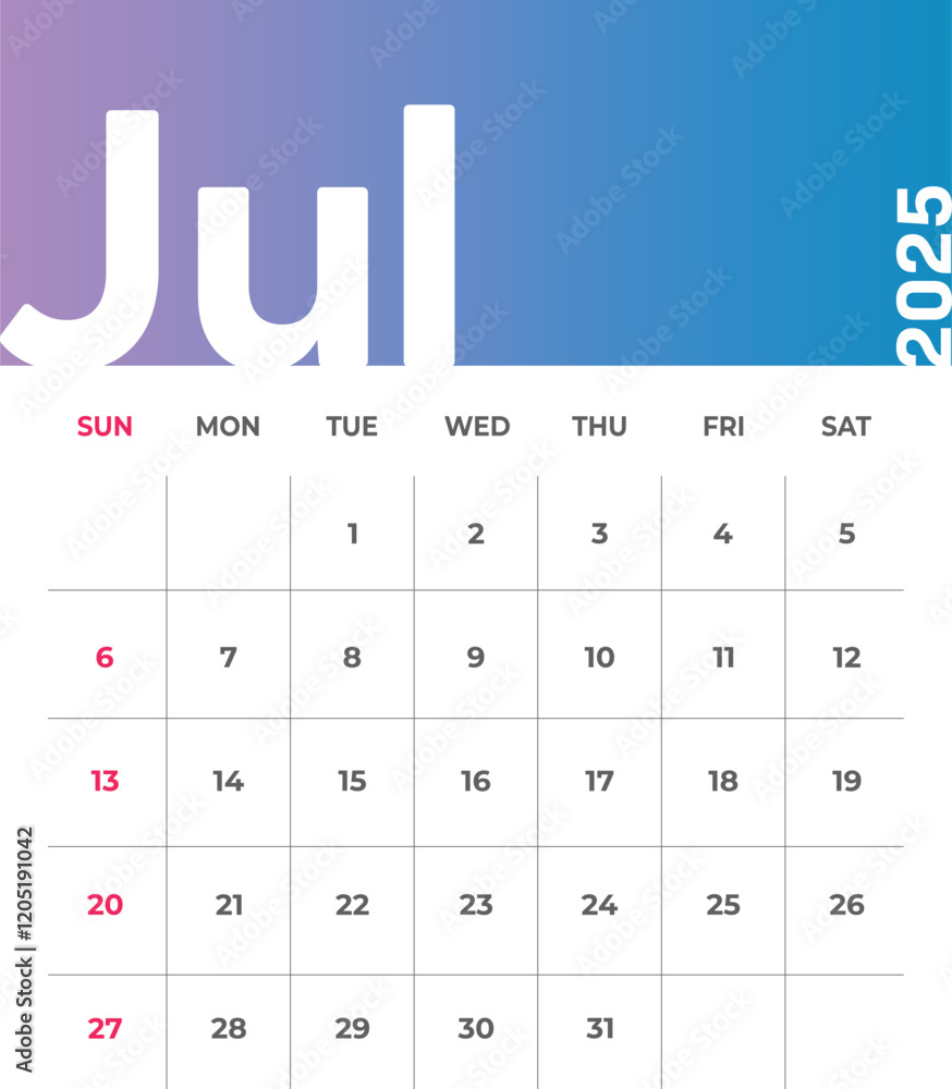 Monthly Calendar for July 2025. The week begins on Sunday. Time ...