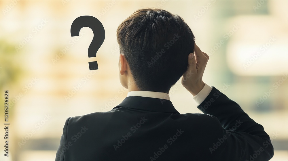 Professional looking away with question mark overlay. Illustrates ...