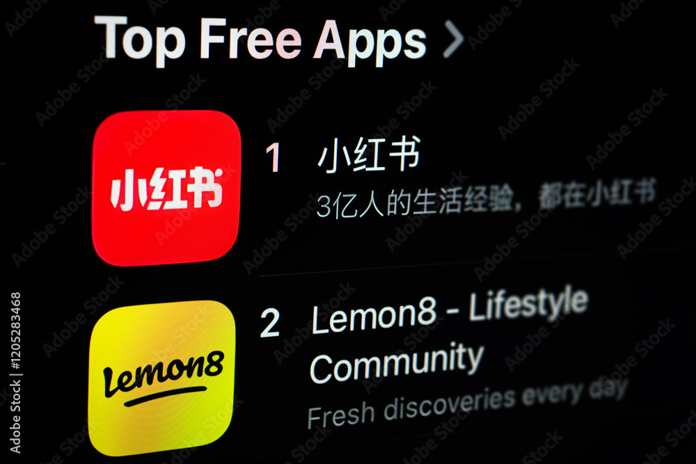 Dhaka, Bangladesh- 20 Jan 2025: Top free Apps charts on apple app store. Social media apps ...