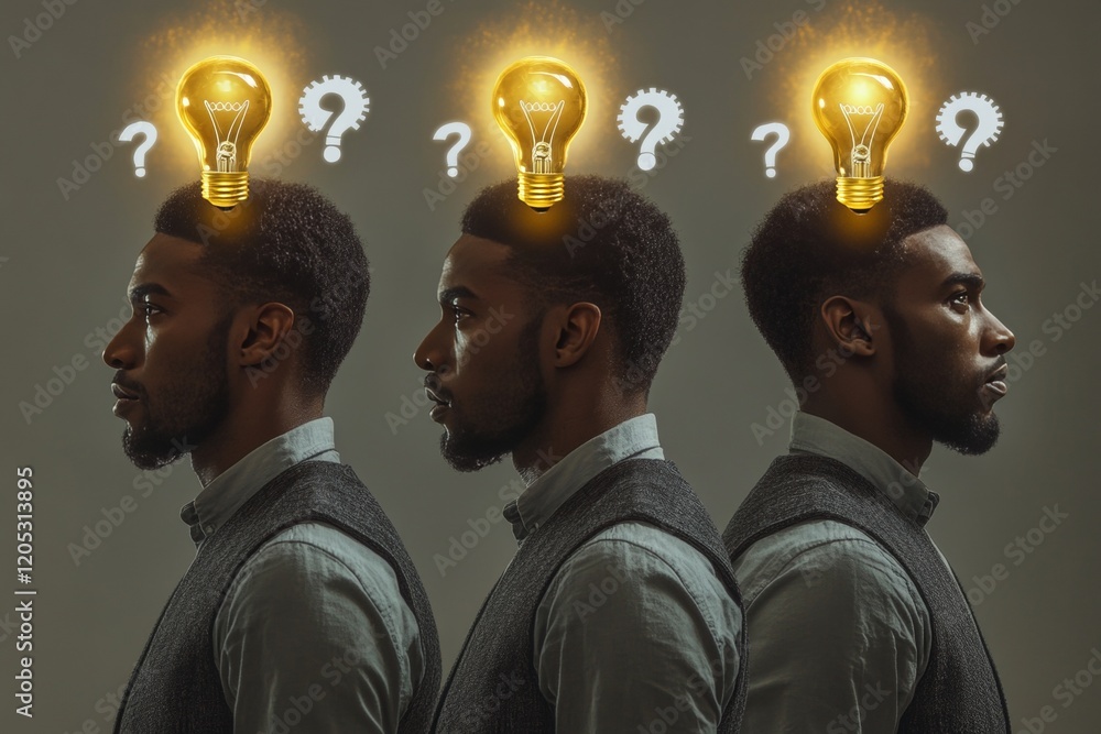 Five stages of thought an adult black man contemplating ideas with ...