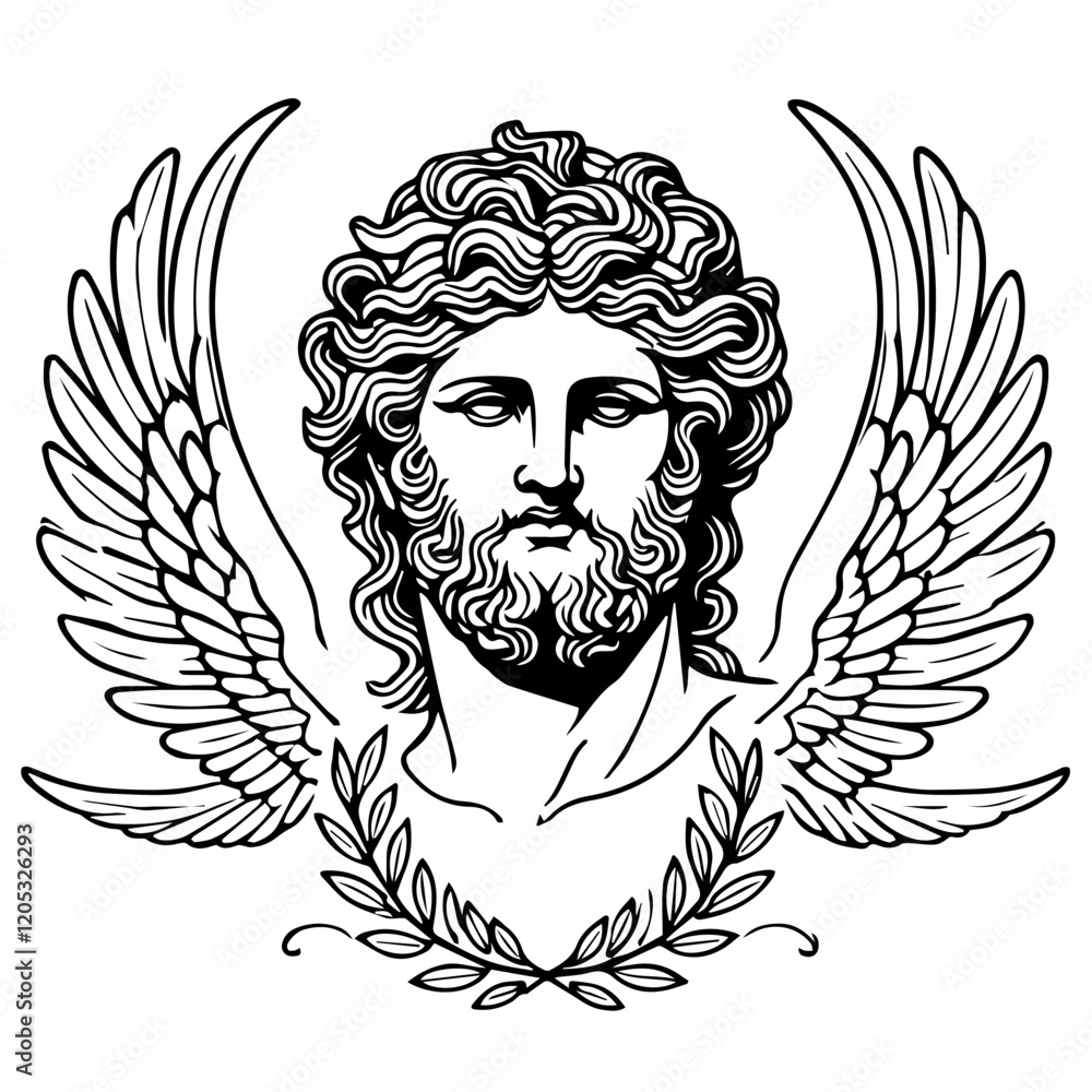 Winged Greek God: A striking black and white illustration of a bearded ...