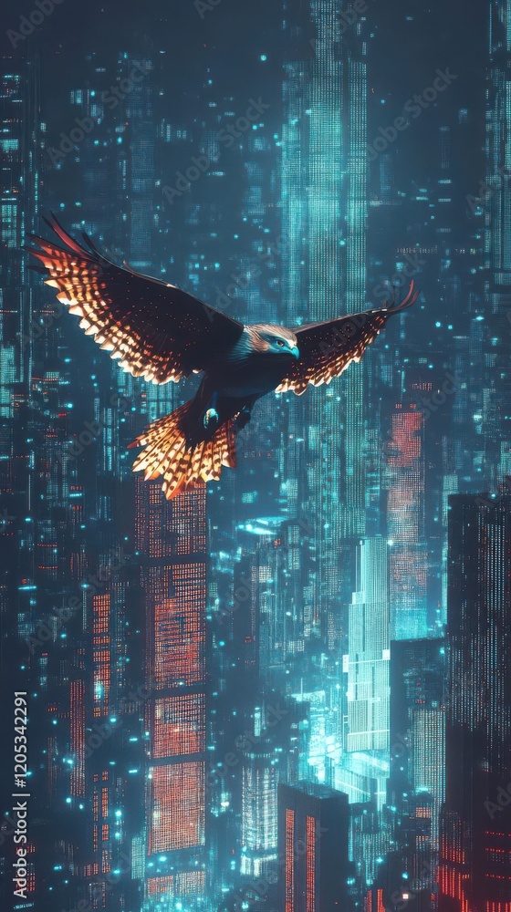 Design an Elusive Falcon soaring gracefully through a digital skyline ...