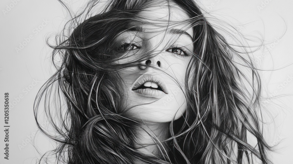 Detailed black and white pencil drawing of a woman's face with flowing ...