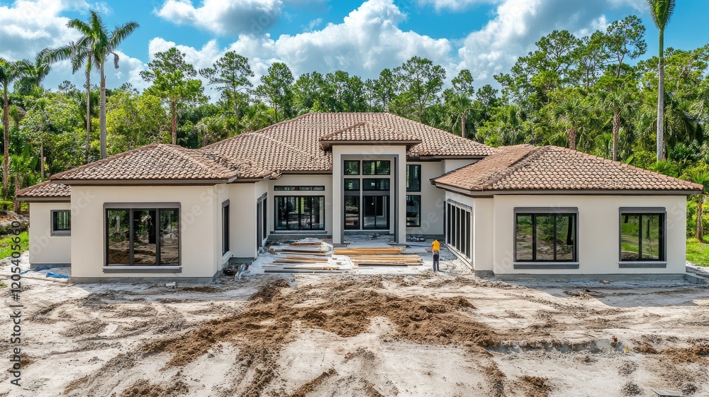 Newly built home with a nearly complete roof, framing structure, and ...