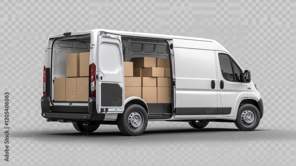 Cargo van with open backdoor, cardboard boxes inside, isolated on a ...