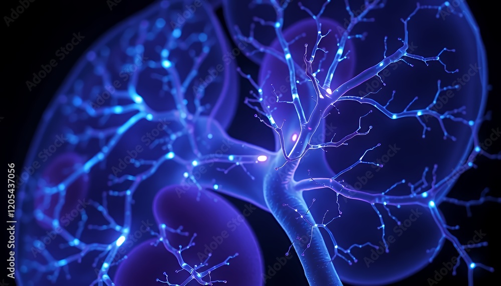 Detailed 3D rendering of human kidney anatomy with glowing vascular ...