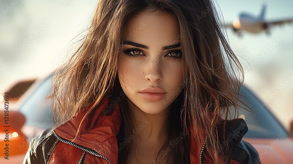 urban fashion black hoodie female model retro car runway dense fog ...