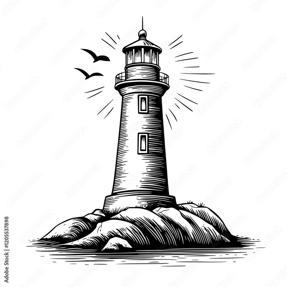 Shining beacon on rocky shore symbolizing guidance and safety for ...