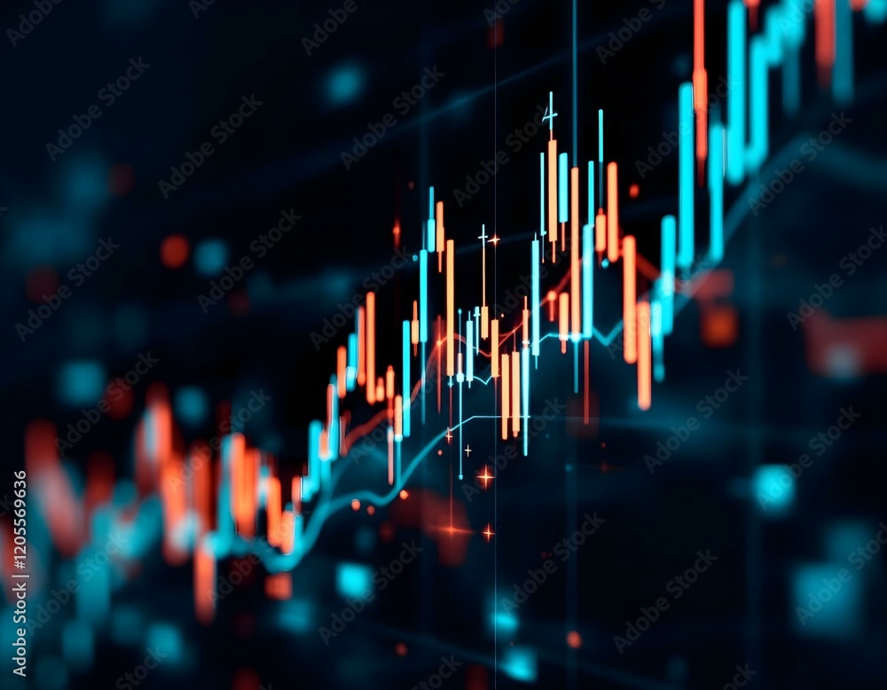 Stock market chart, candlestick graph, financial data visualization, neon blue and orange glow ...