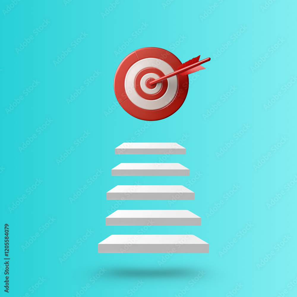 Floating staircase leading to a red and white target with an arrow on a ...