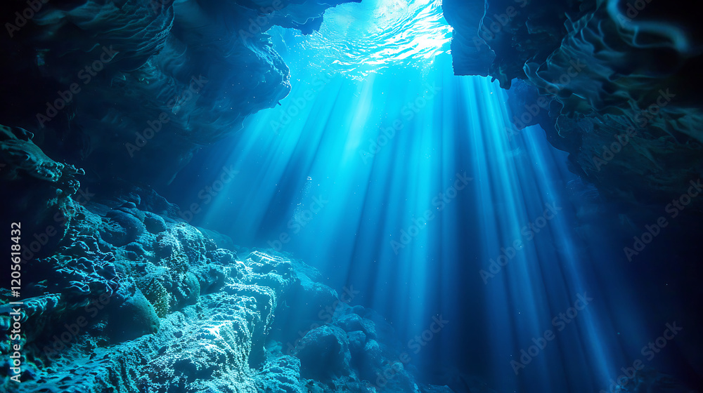 Underwater caves, light enters through the cave entrance and ...