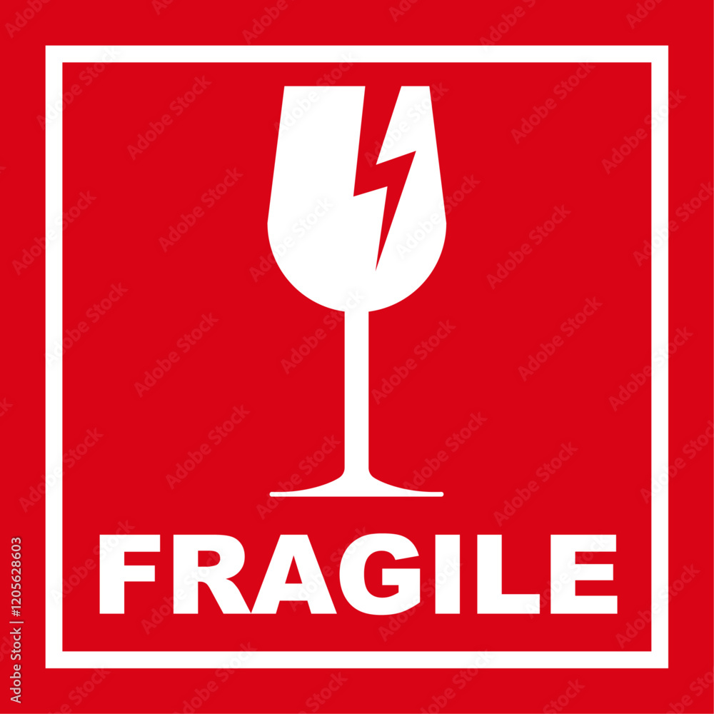 Fragile, handle with care sign. Red background warning sign with white ...