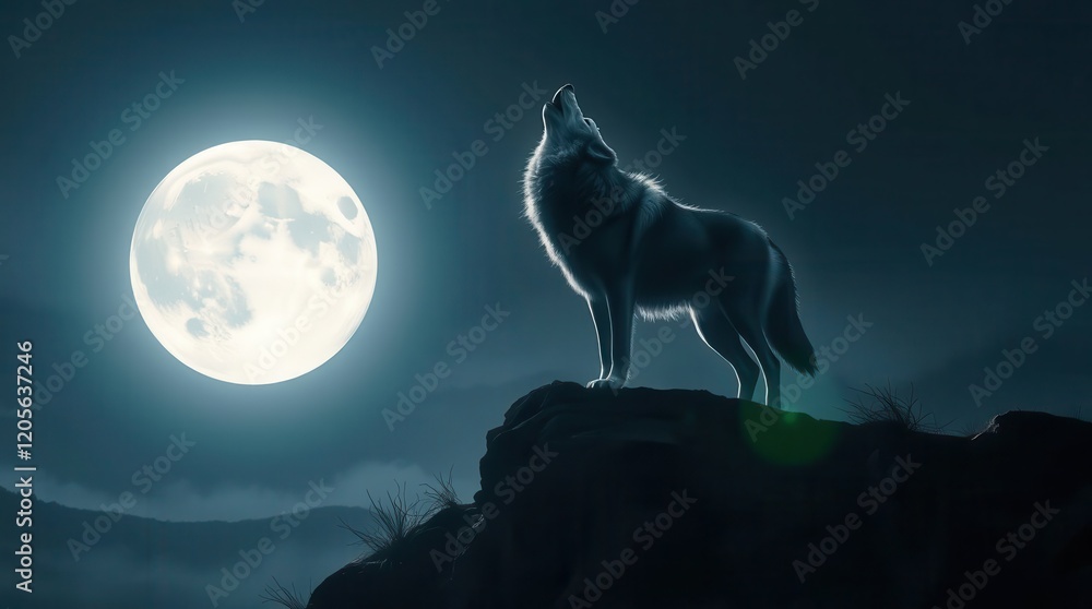 Lone wolf howling at the full moon, silhouetted against a night sky. A majestic scene of ...