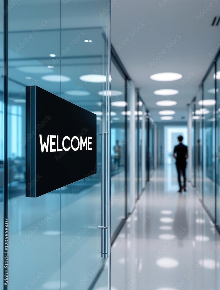Welcome sign in office hallway symbolizing a warm start to employee ...