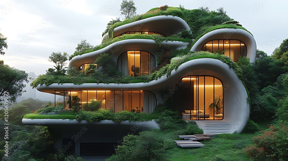Eco-friendly hillside house, sunset, green roof, architecture ...