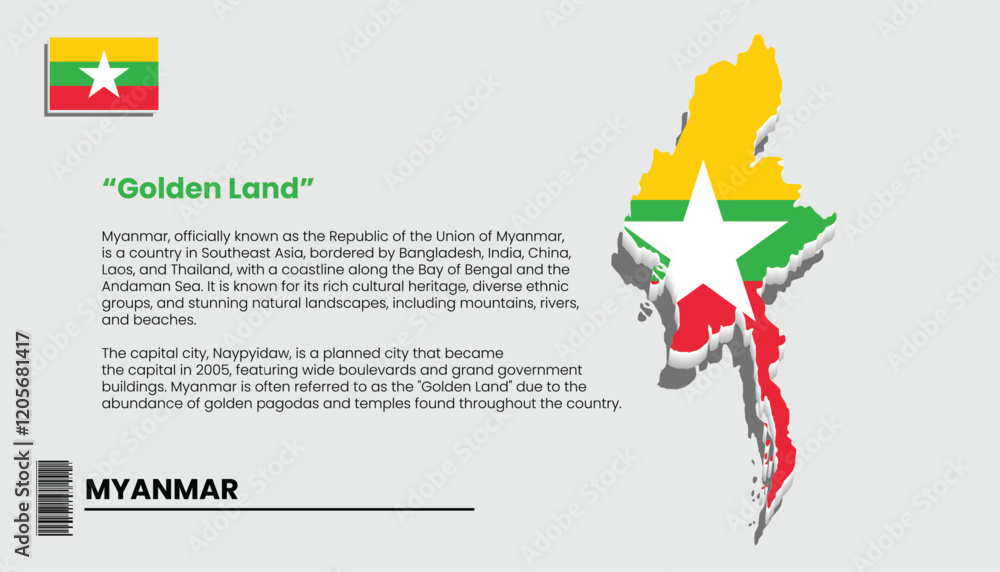 An isometric map of Myanmar with the colors of the national flag ...