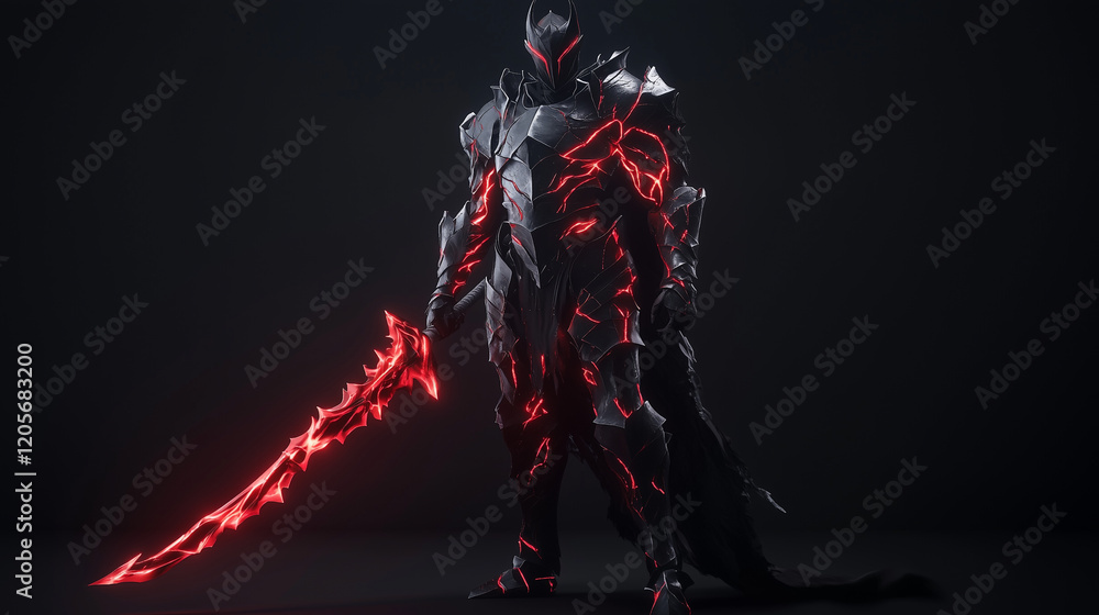 A dark fantasy knight clad in jagged, obsidian armor with glowing red ...