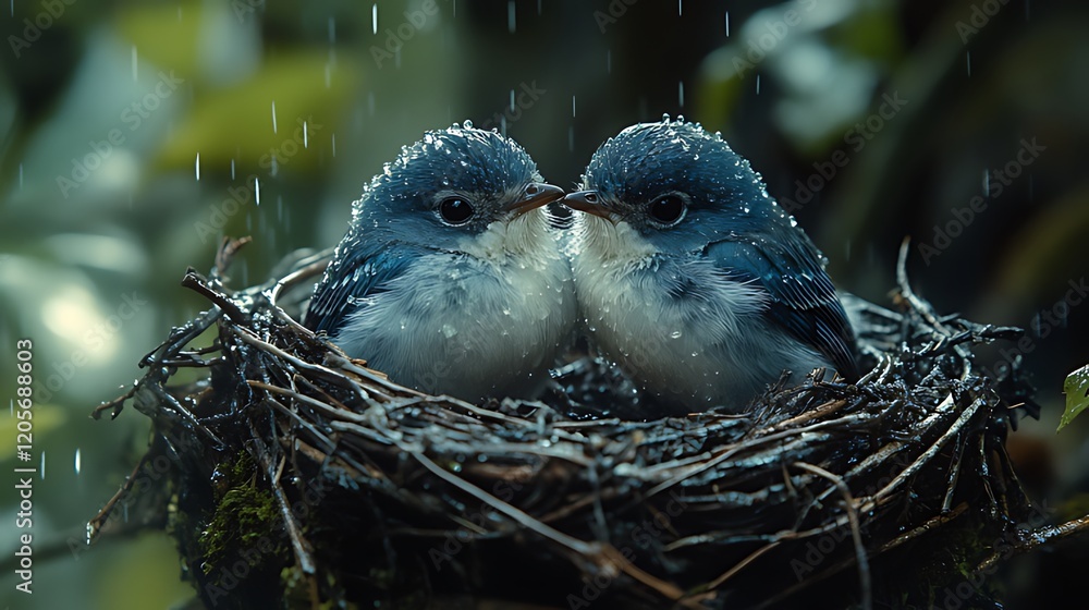 Rain-soaked baby birds snuggle in nest, forest background, nature scene ...