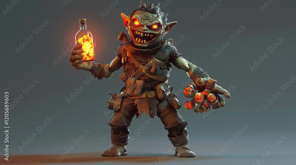 A deranged goblin covered in burn marks, holding a bundle of grenades ...