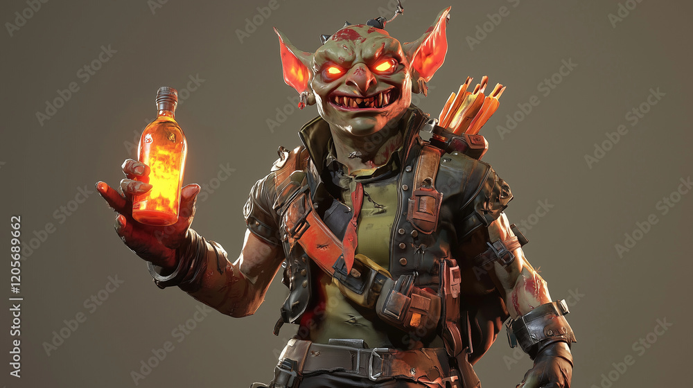 A deranged goblin covered in burn marks, holding a bundle of grenades ...