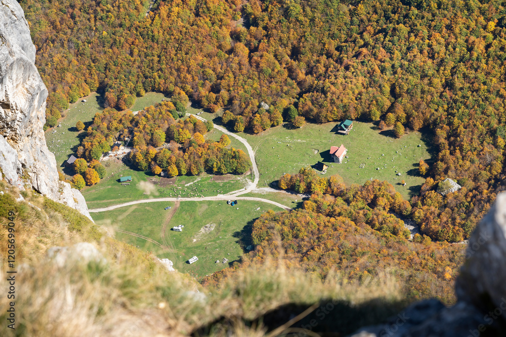 Grebaje Valley view from the top of the cursed mountains. Sheep, a few ...
