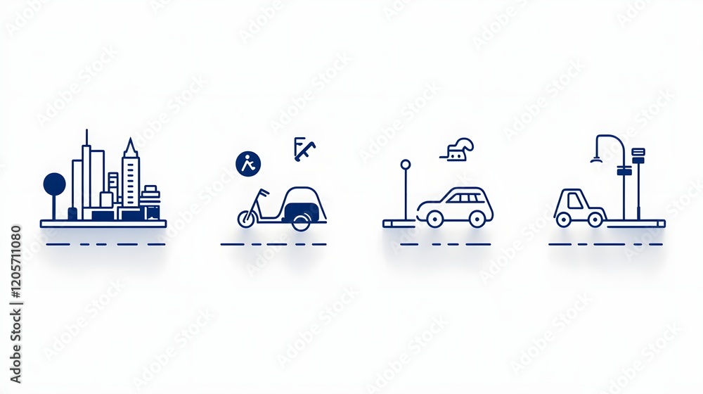 Collection of 6 linear transportation icons including symbols for taxi ...