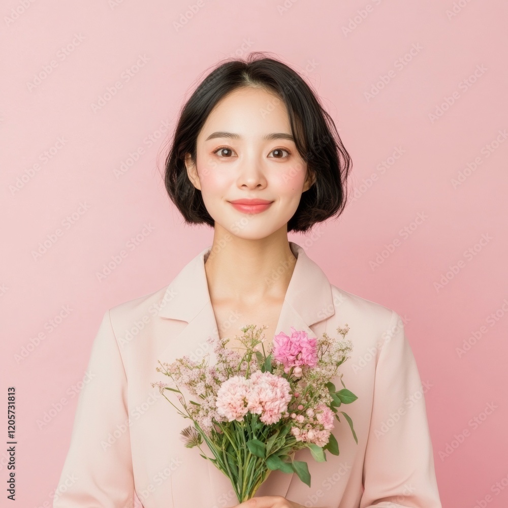 Contemporary Pastel Elegance Asian Woman in Pink Embracing National ...