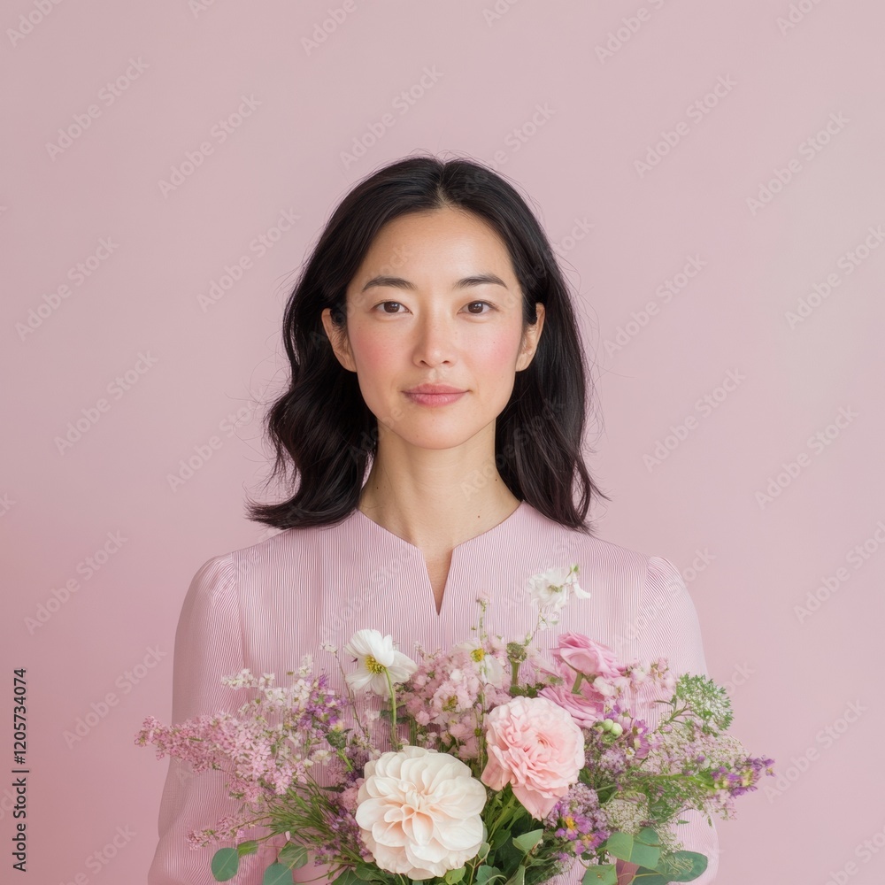 Contemporary Pastel Aesthetics Asian Woman with Wildflower Bouquet ...