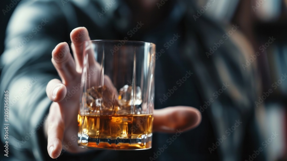 man refuses say no and avoid to drink an alcohol whiskey , stopping ...