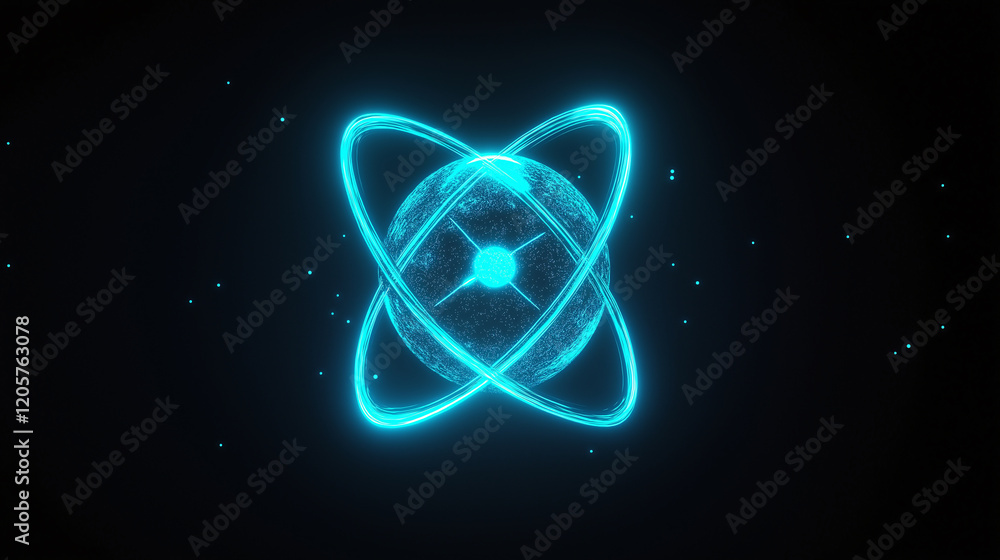 Neon blue atom symbol, glowing electrons, dark background, sci-fi ...