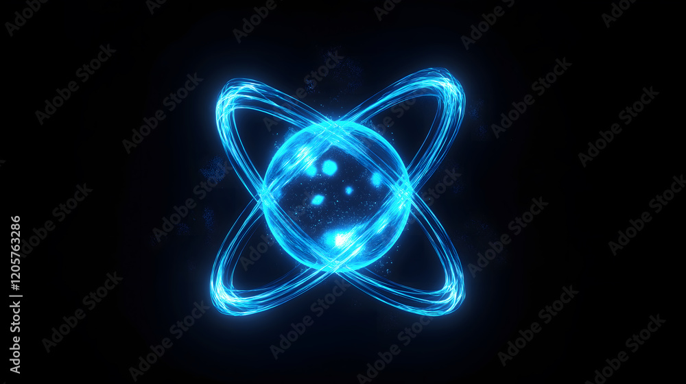 glowing blue atom model, neon lights, scientific illustration, black background, electric blue ...