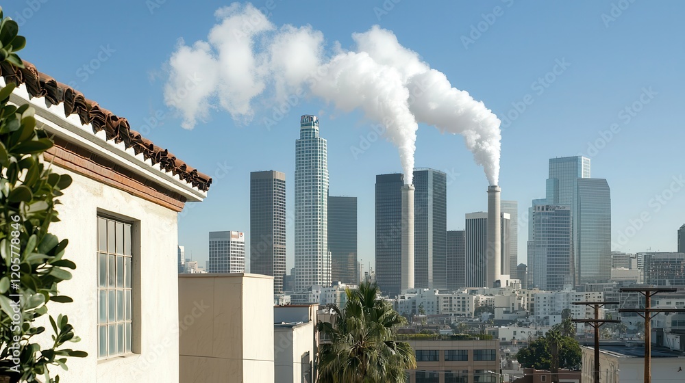 Climate change: Pollution and temperature rise. City skyline with smoke ...