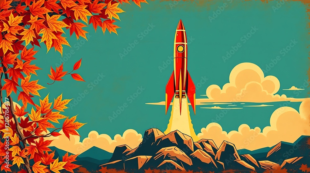 Vintage Inspired Rocket Launch A Vibrant and Dynamic Space Concept ...