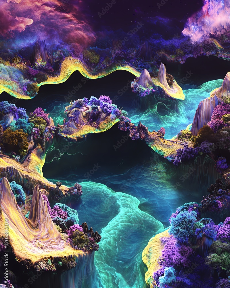 Vibrant, surreal underwater landscape. Psychedelic coral reefs and ...