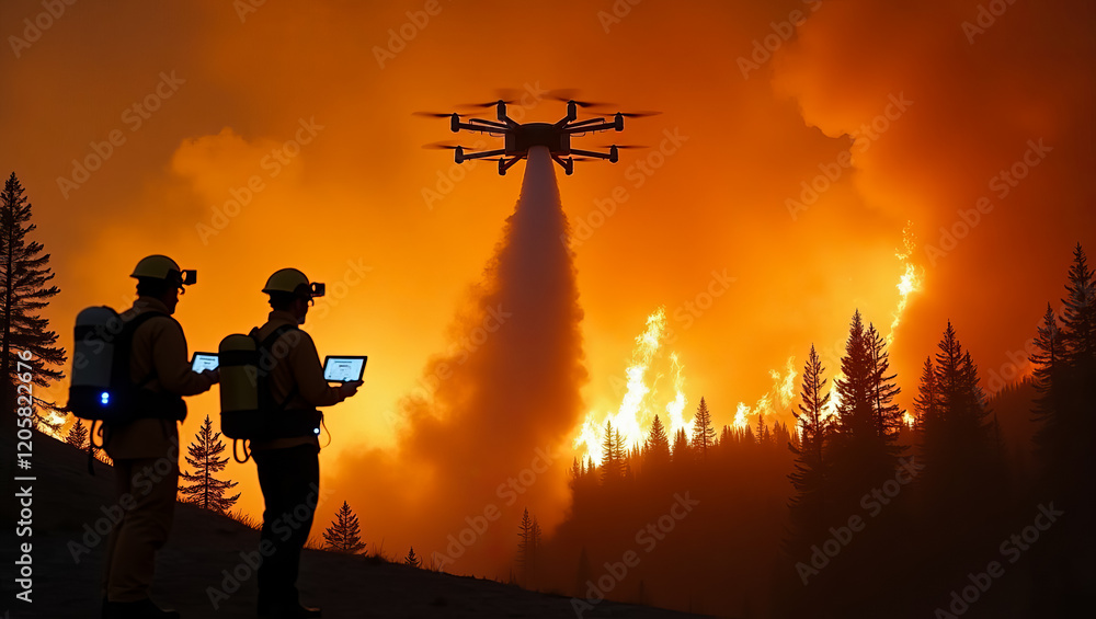 Firefighters Monitoring Drone Fire Suppression Operation Wildfire Emergency Response Team Aerial ...