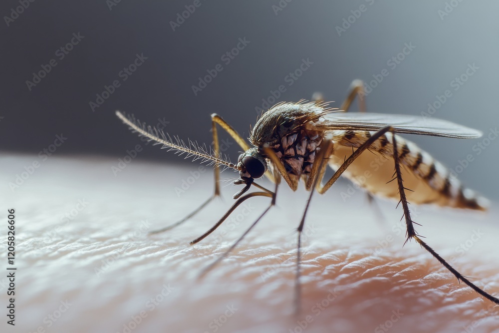 Common house mosquito drinking blood on human skin. Mosquito is biting ...