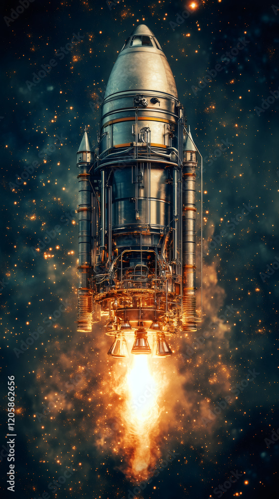 Steampunk style rocket ship launching into a starry sky, with flames ...