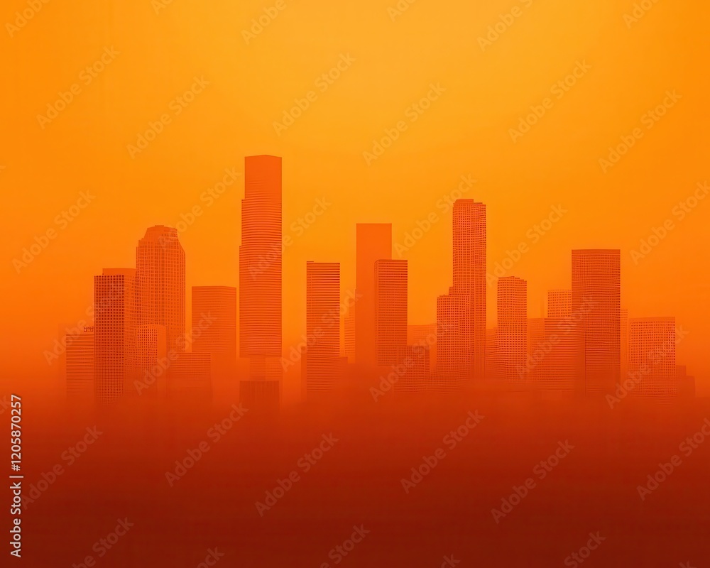 Dense urban skyline under orange haze from wildfire smoke, dystopian ...