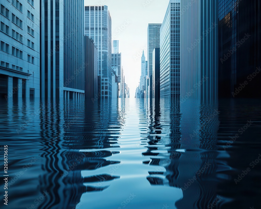 Surreal landscape of flooded city streets with towering skyscrapers ...