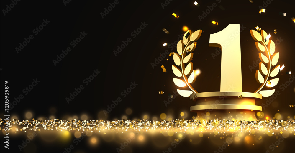 Winner award. Number one. Golden laurel wreath on podium with falling ...